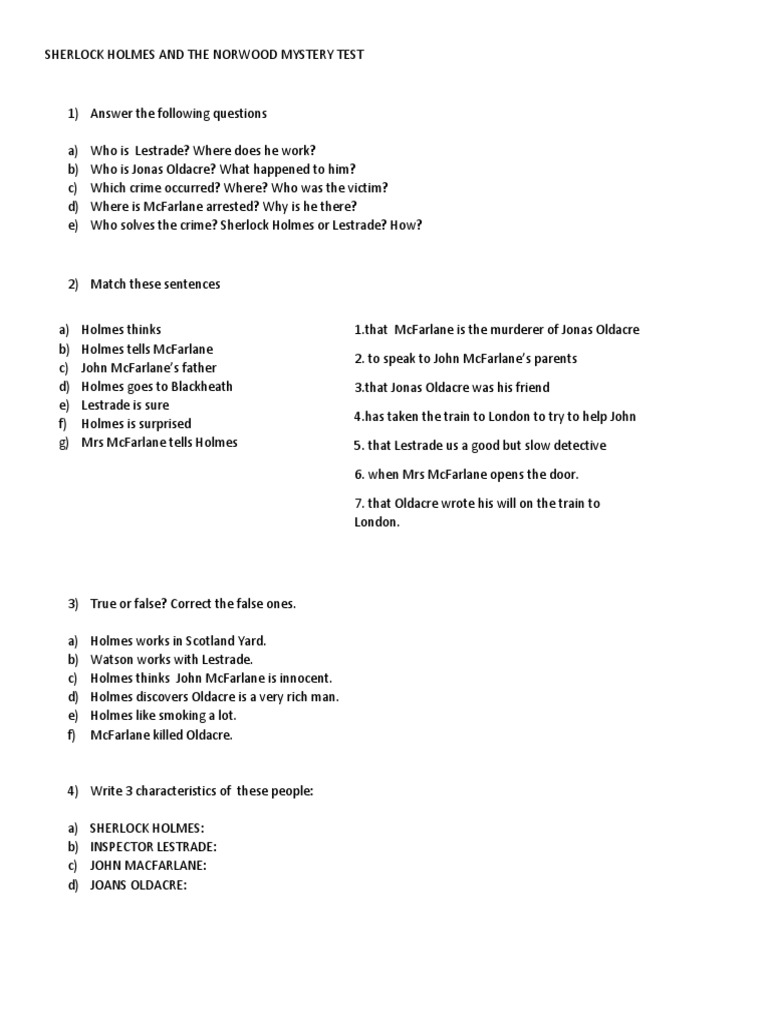 Sherlock Holmes and The Norwood Mystery Test 2 | PDF