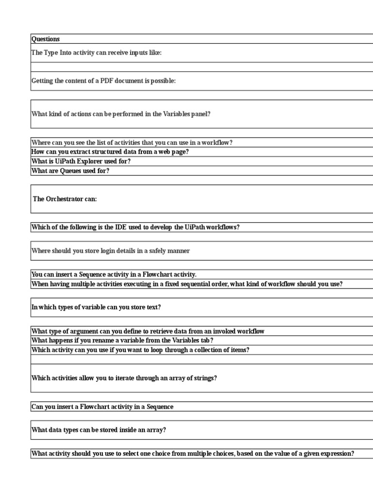 UI Path Quiz | PDF | Microsoft Excel | Data Type