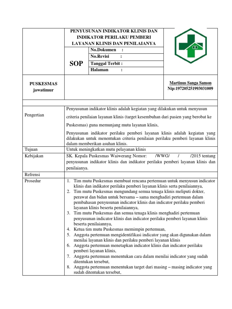 Sop Penyusunan Indikator Klinis Dan Indikator Perilaku Pemberi Layanan ...