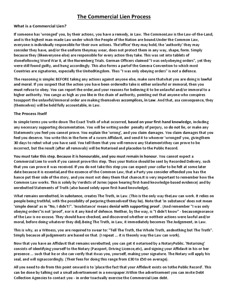 The Commercial Lien Process | PDF | Notary Public | Virtue
