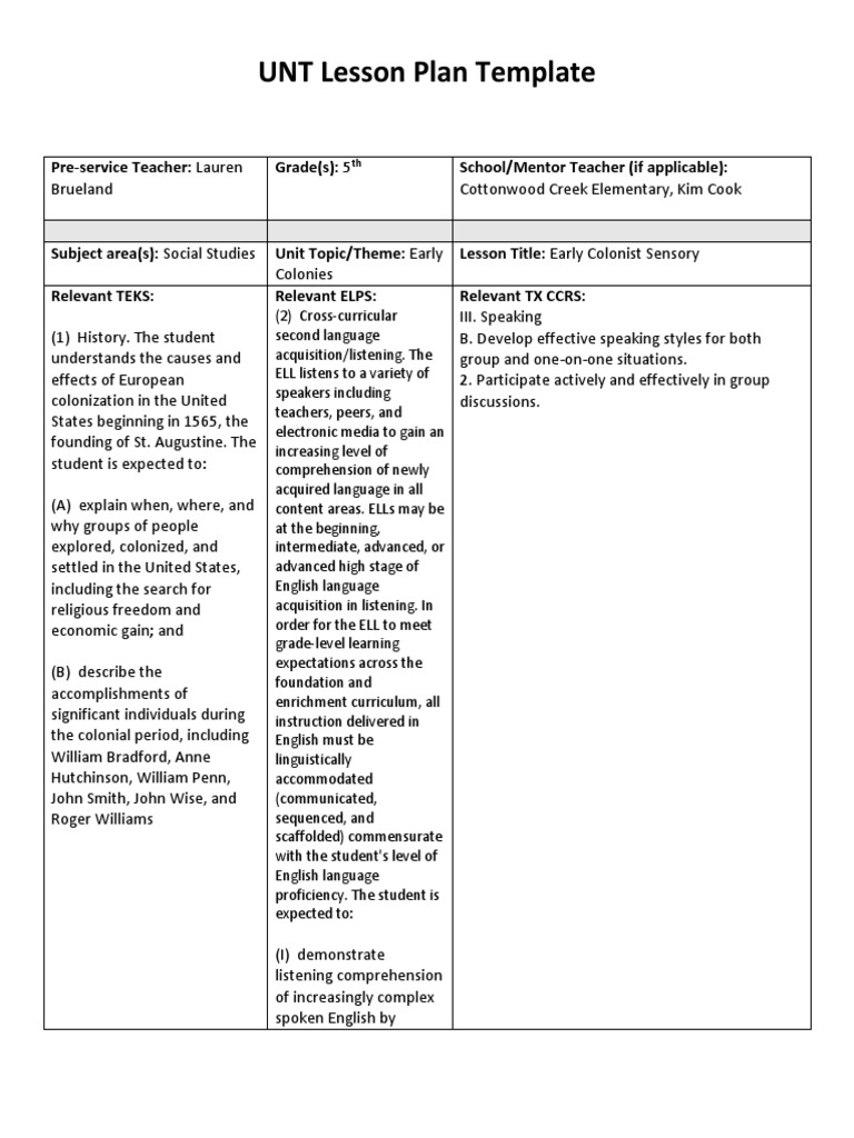 UNT Lesson Plan Template: Pre-Service Teacher: Lauren Grade(s) : 5 ...