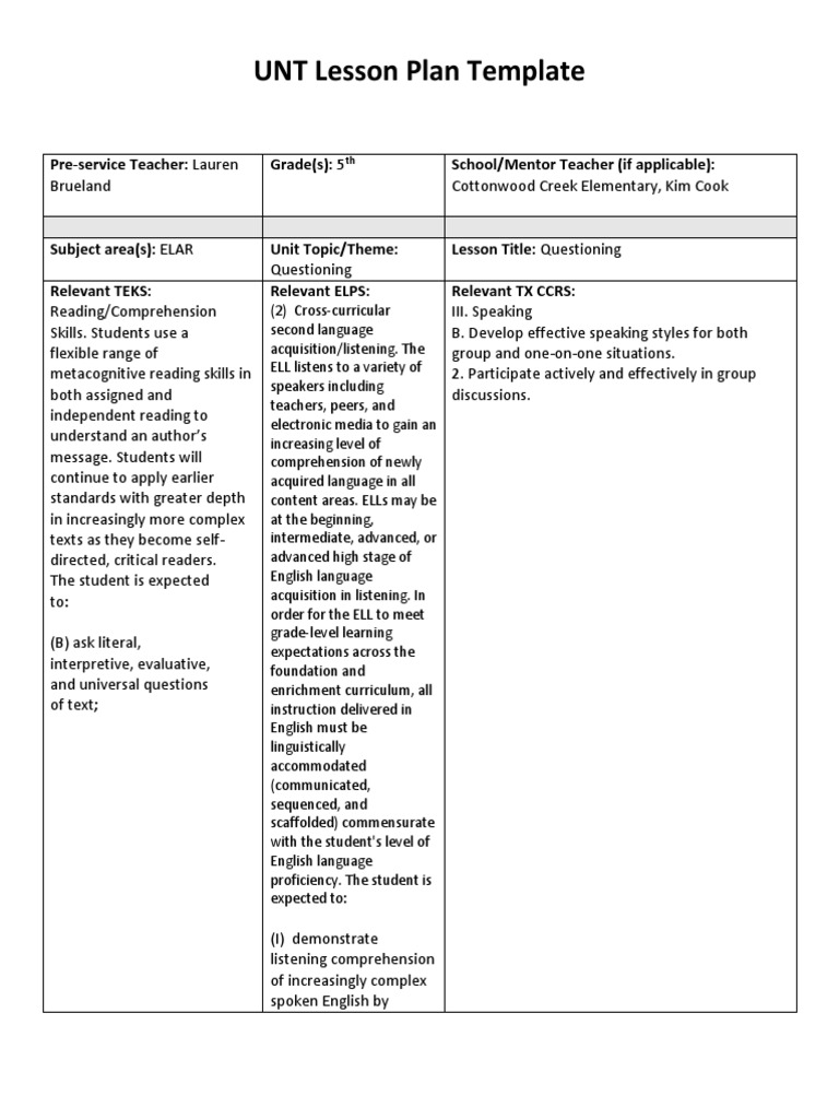 Questioning Lesson Plan 5th | PDF | Reading Comprehension | Lesson Plan