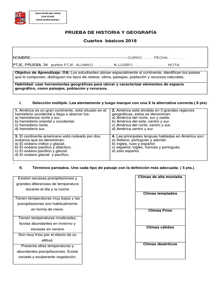 Prueba Unidad 3 America Nuestro Continente 4º Basico | PDF | Américas ...