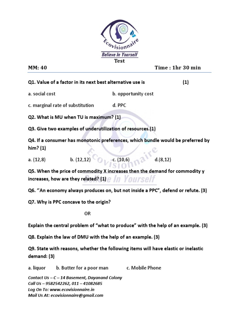 40 Marks Test-1 | PDF | Demand | Price Elasticity Of Demand