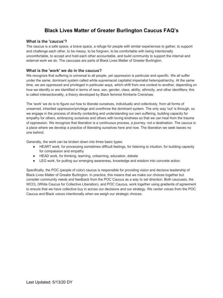 BLM of Greater Burlington - Caucus FAQ | PDF | Whiteness Studies | Racism