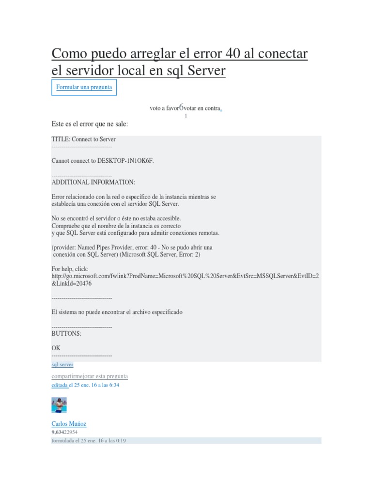 Como Puedo Arreglar El Error 40 Al Conectar El Servidor Local en SQL Server | PDF | Servidor SQL ...