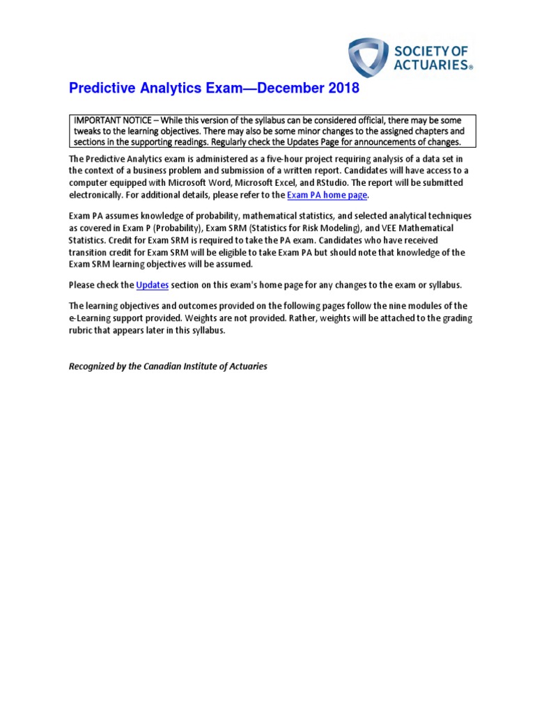 Predictive Analytics Exam-December 2018: Exam PA Home Page | PDF ...