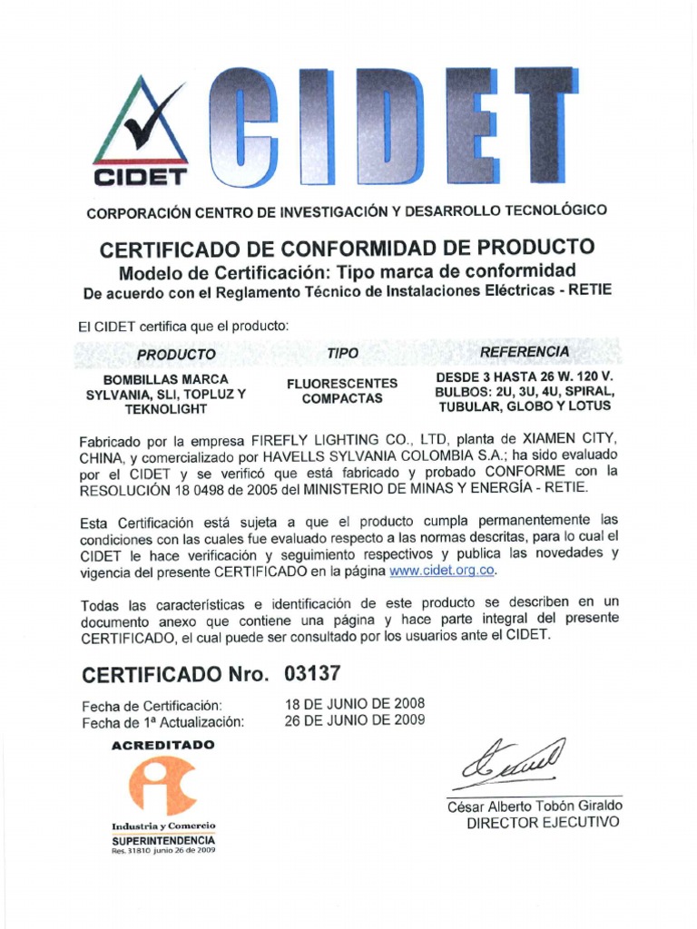 Certificado Retie Sylvania | PDF