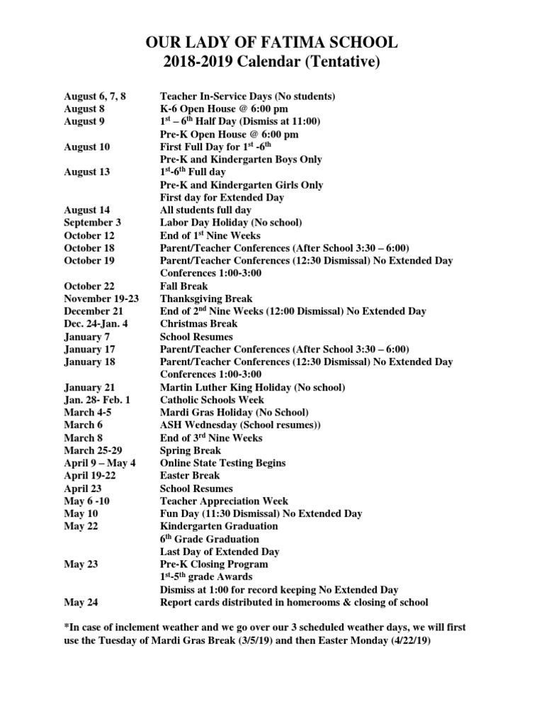2018-2019 Calendar Revised | PDF