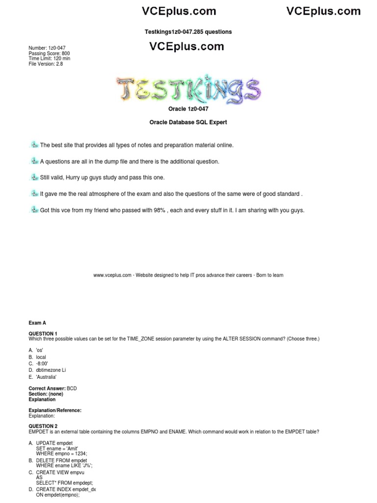 1z0 047 Oracle Database SQL Expert | PDF | Database Index | Information Science