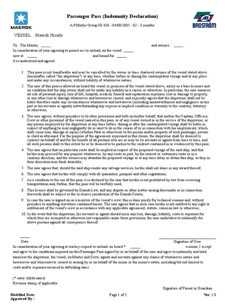Passenger Liability Waiver for Travel aboard the Maersk Hirado | PDF ...
