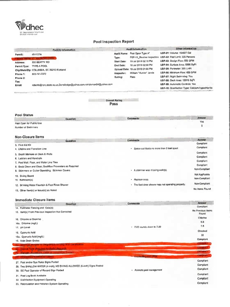 SC DHEC Pool Inspection Report | PDF