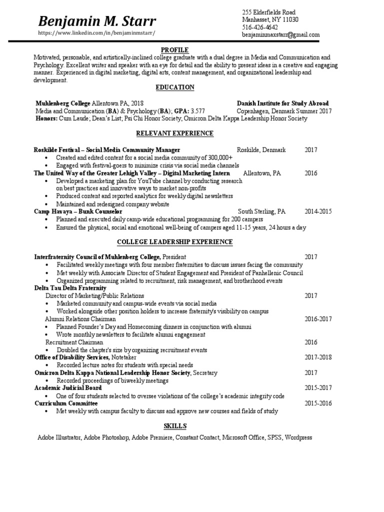 Benjamin Starr - Resume | PDF | Fraternities And Sororities | Social Media
