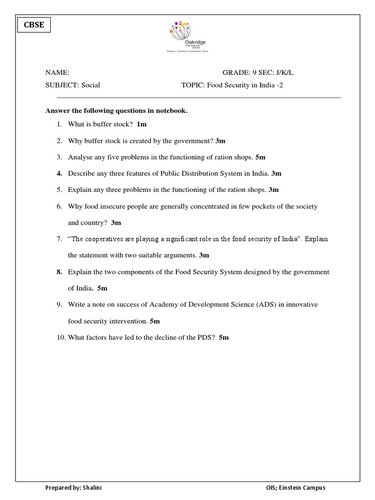 Food Security in India - Worksheet | PDF