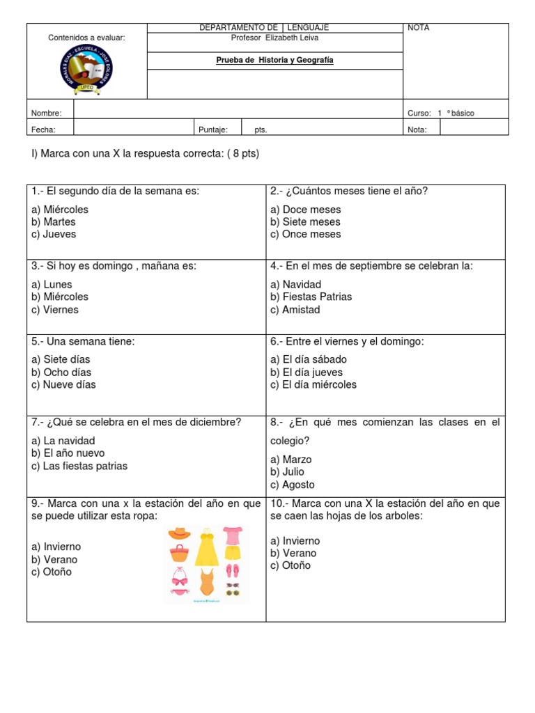 Prueba de Días y Meses Primero Básico | PDF | Calendario | Unidades de ...