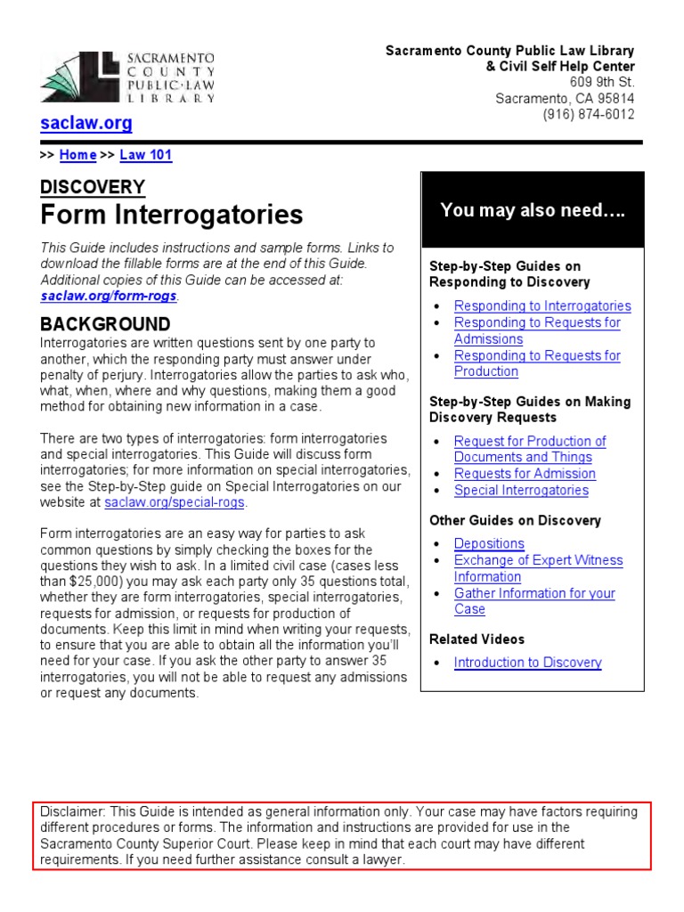 Sbs Discovery Form Interrogatories PDF | PDF | Interrogatories | Discovery (Law)