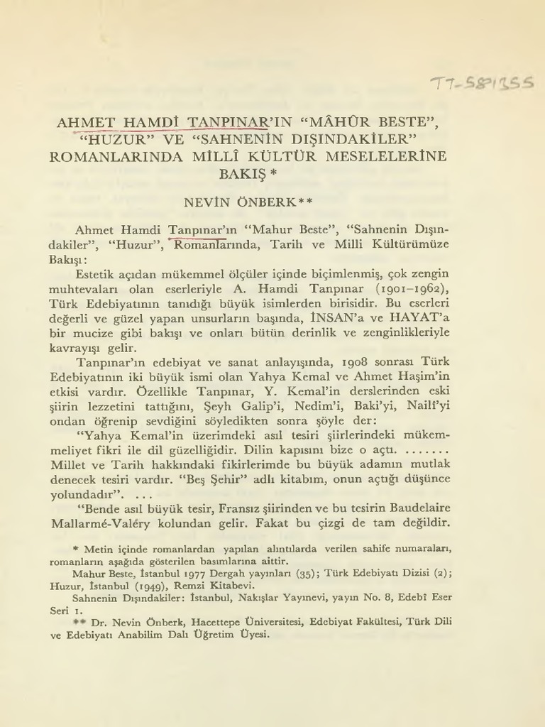 Ahmet Hamdî Tanpinartn " Mâhûr Beste", " Huzur" Ve " Sahnenin ...