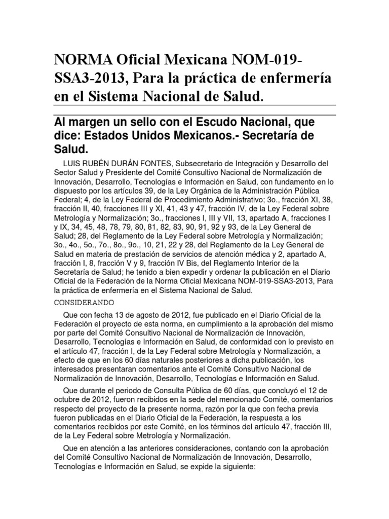 NORMA Oficial Mexicana NOM 019 | PDF | Enfermería | Hospital