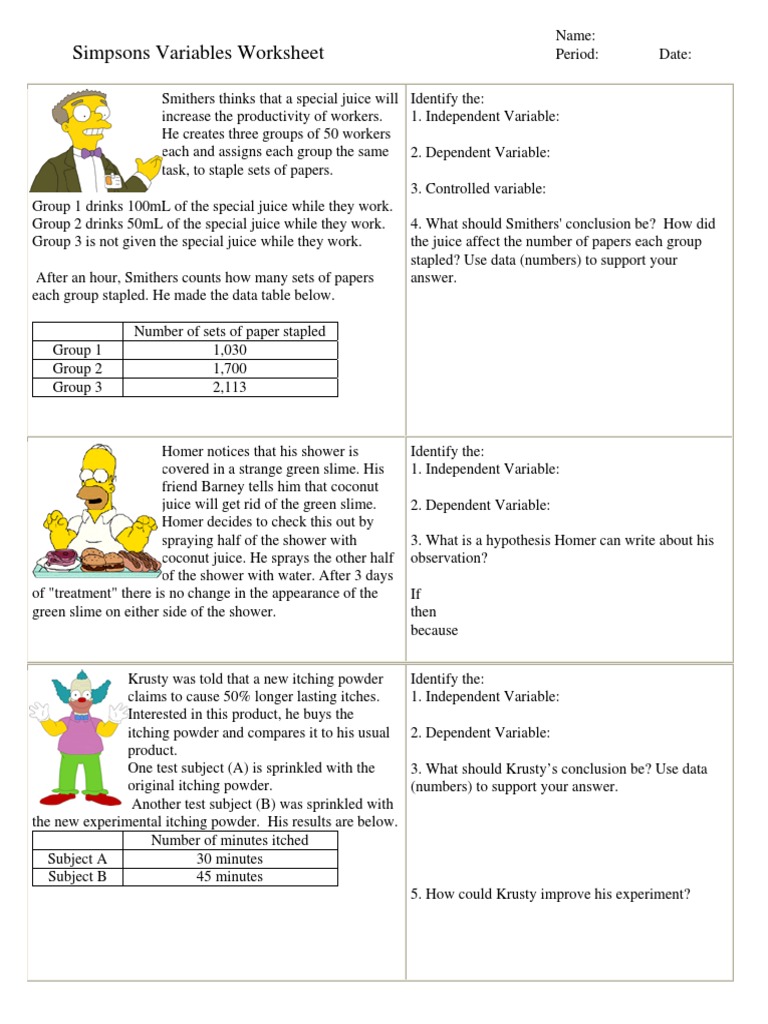 Worksheet Variables Simpsons | PDF | Bart Simpson | Experiment