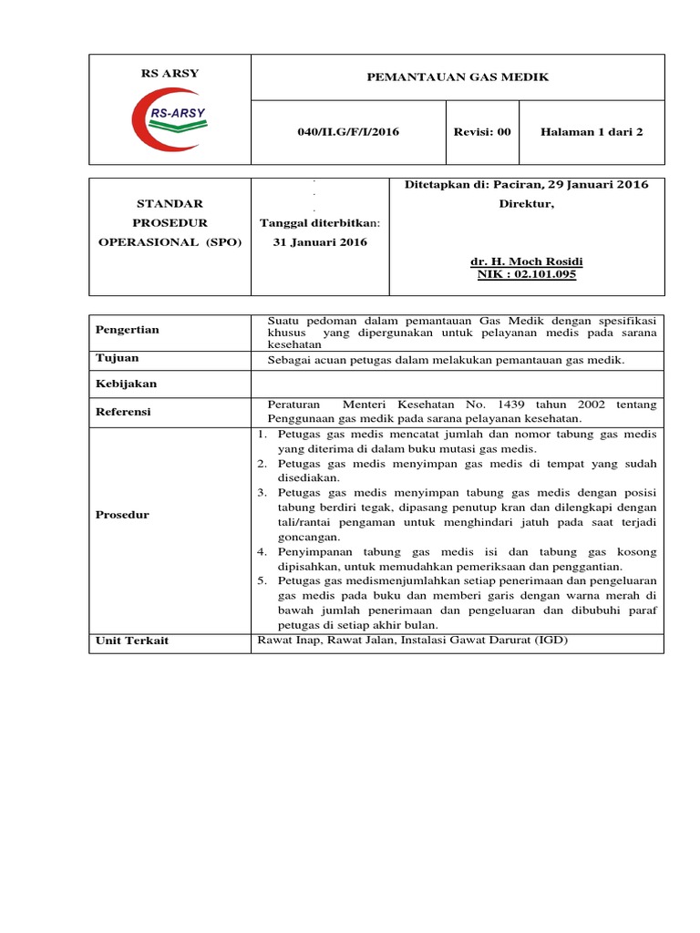 Sop Pemantauan Gas Medik | PDF