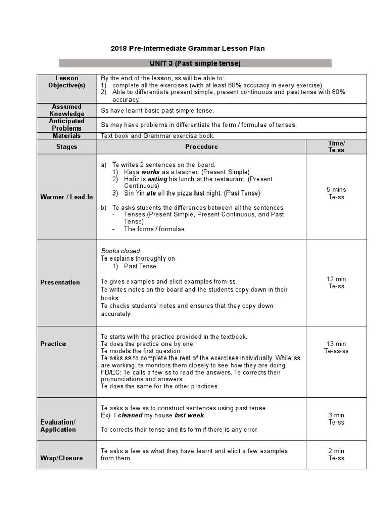 Preparing Students to Master Past Tense: A Lesson Plan on ...