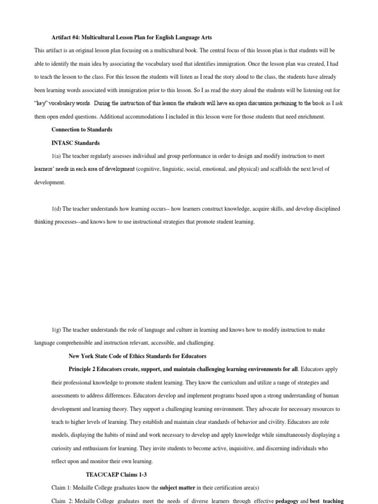 Artifact #4: Multicultural Lesson Plan For English Language Arts | PDF ...