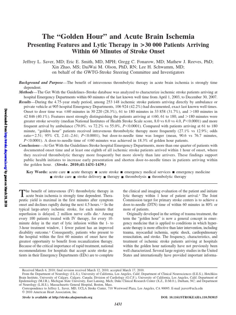 The "Golden Hour" and Acute Brain Ischemia | PDF | Stroke | Ischemia