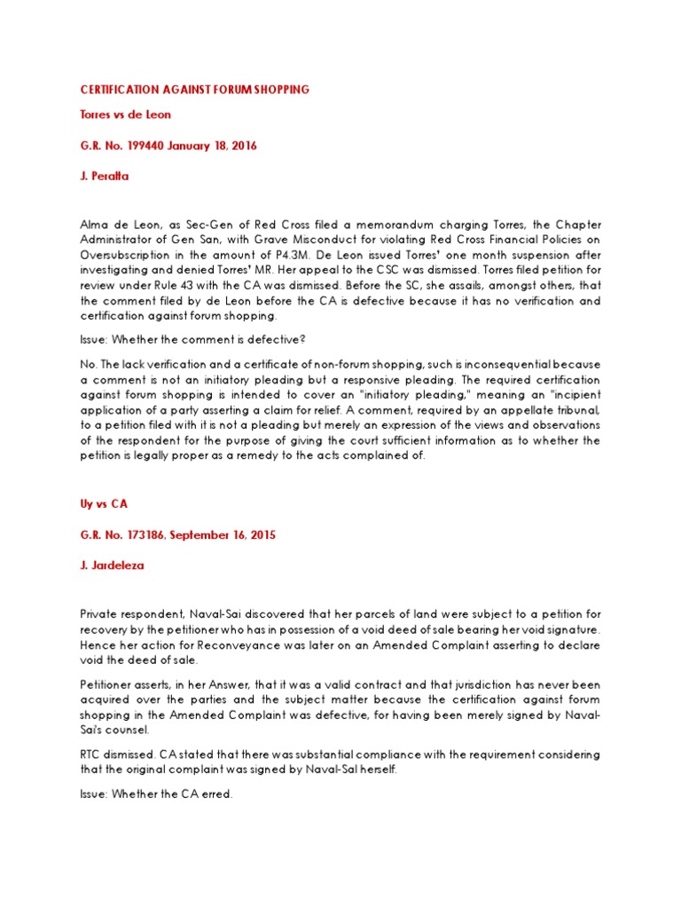 Certification Against Forum Shopping Torres Vs de Leon G.R. No. 199440 ...