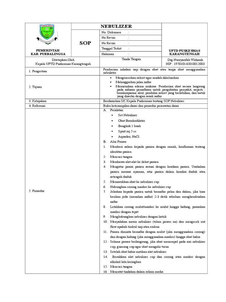 SOP Penggunaan Nebulizer di Puskesmas | PDF