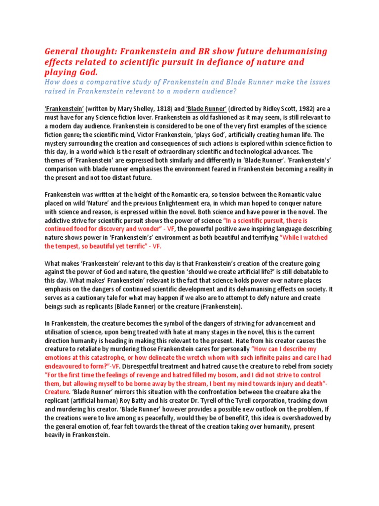 Frankenstein vs. Blade Runner: Dehumanization Themes | PDF ...