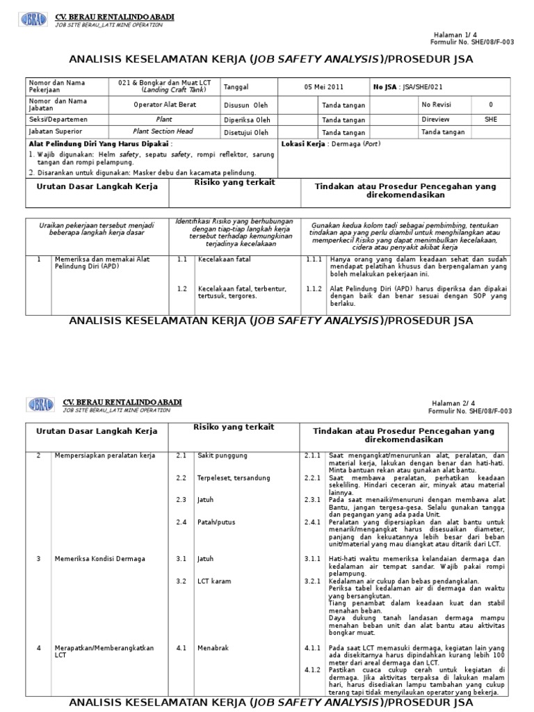 JSA Bongkar Dan Muat LCT | PDF