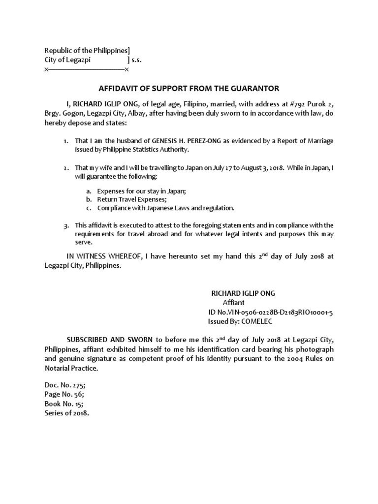 Affidavit Of Support From The Guarantor Affidavit Government And