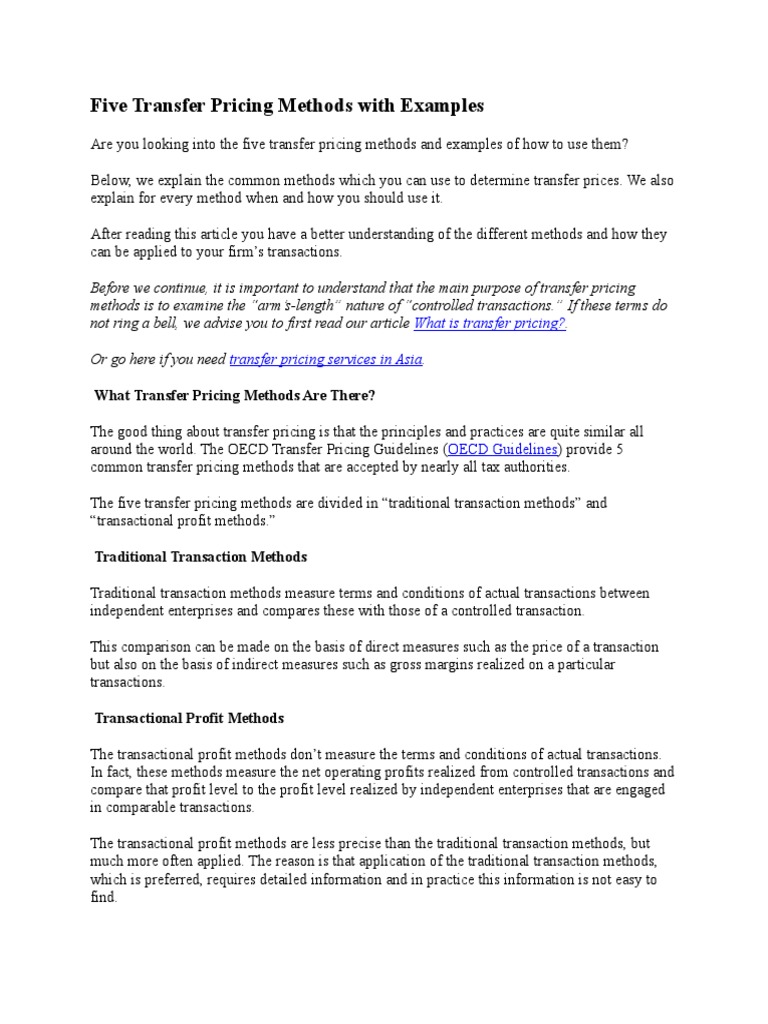 Five Transfer Pricing Methods With Examples | PDF | Cost | Business