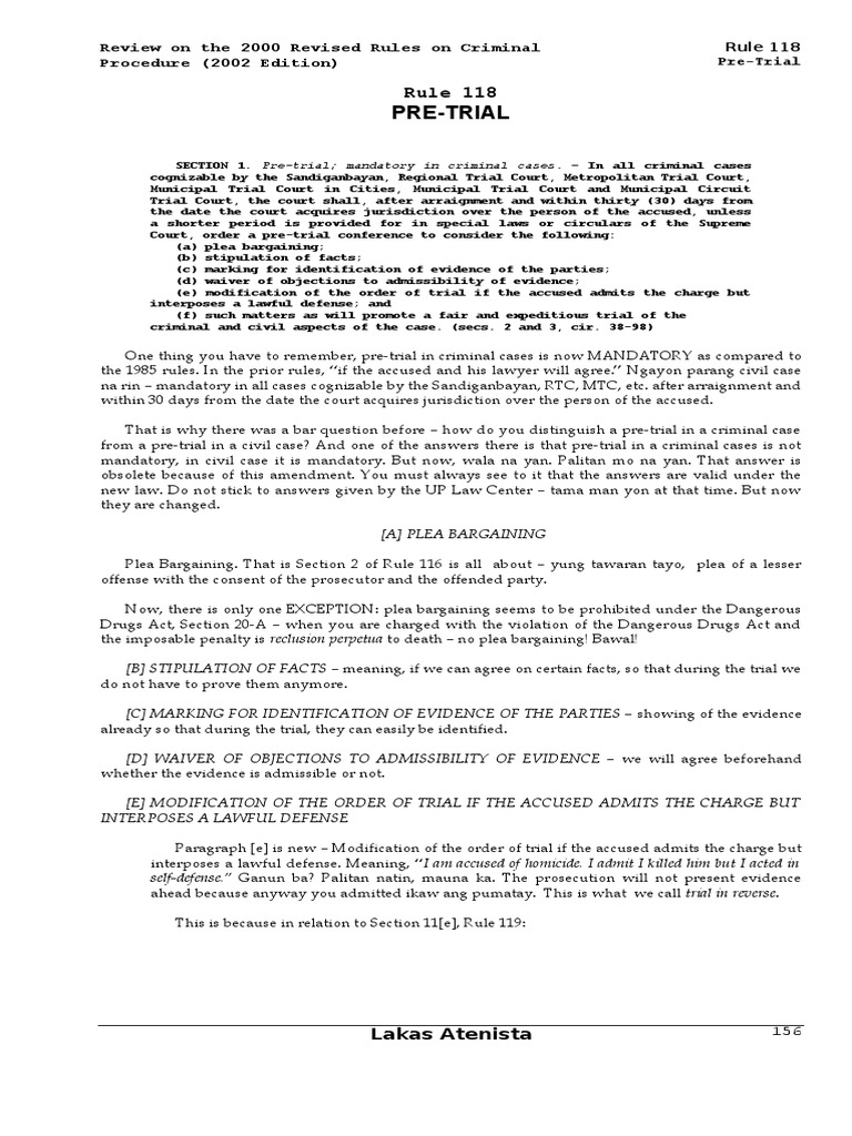 Rule 118 Pre Trial | PDF | Complaint | Plea Bargain