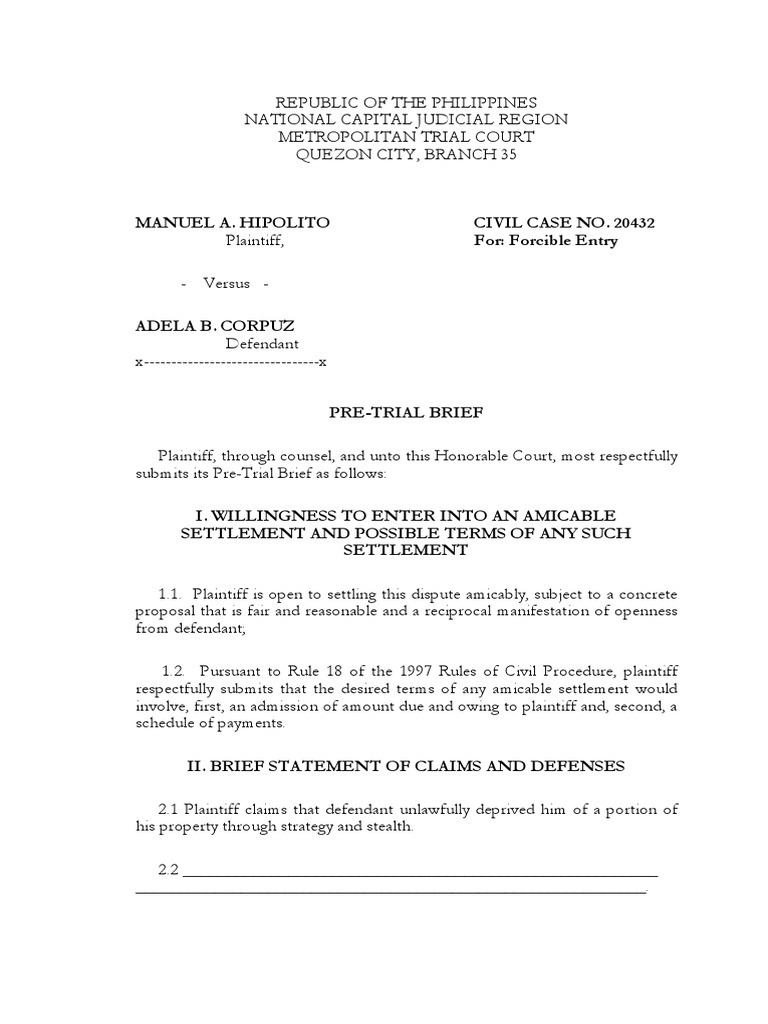 PRE-TRIAL BRIEF Forcible Entry Group 1 | PDF | Lawsuit | Complaint