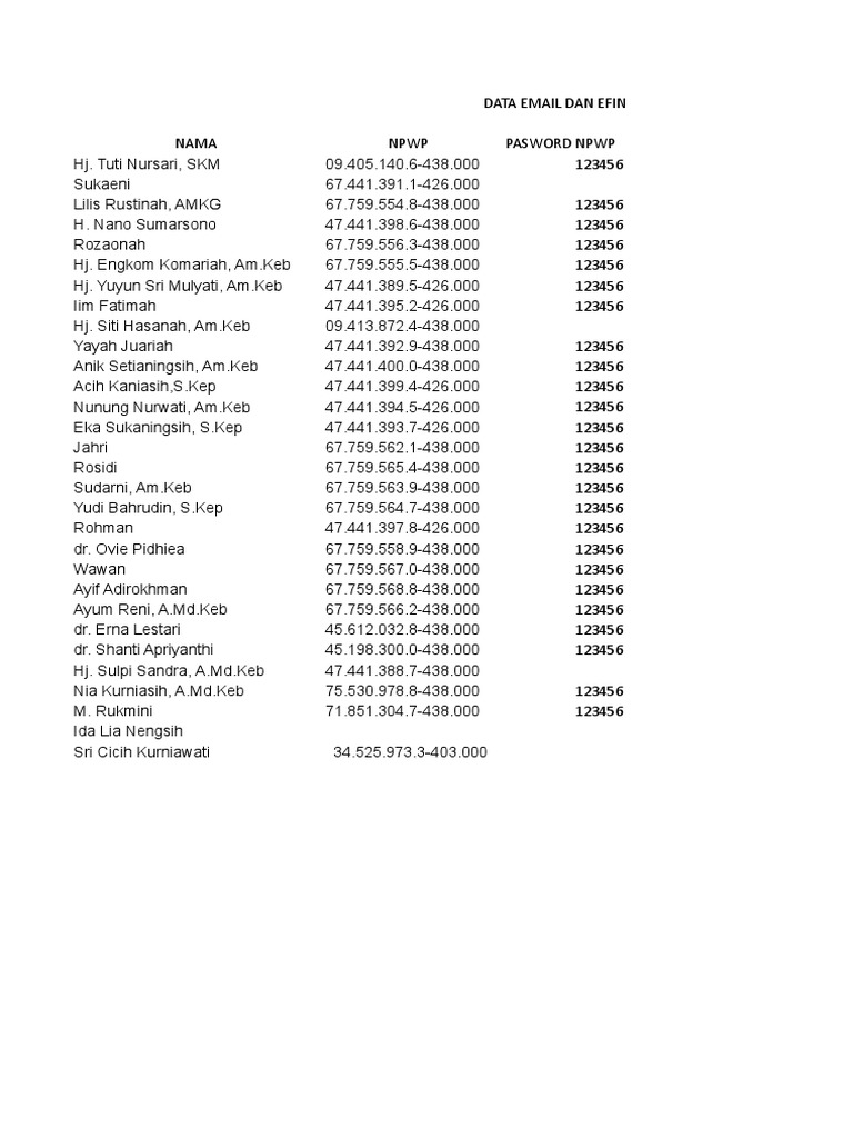 Data Email Dan Efin Pajak Online | PDF