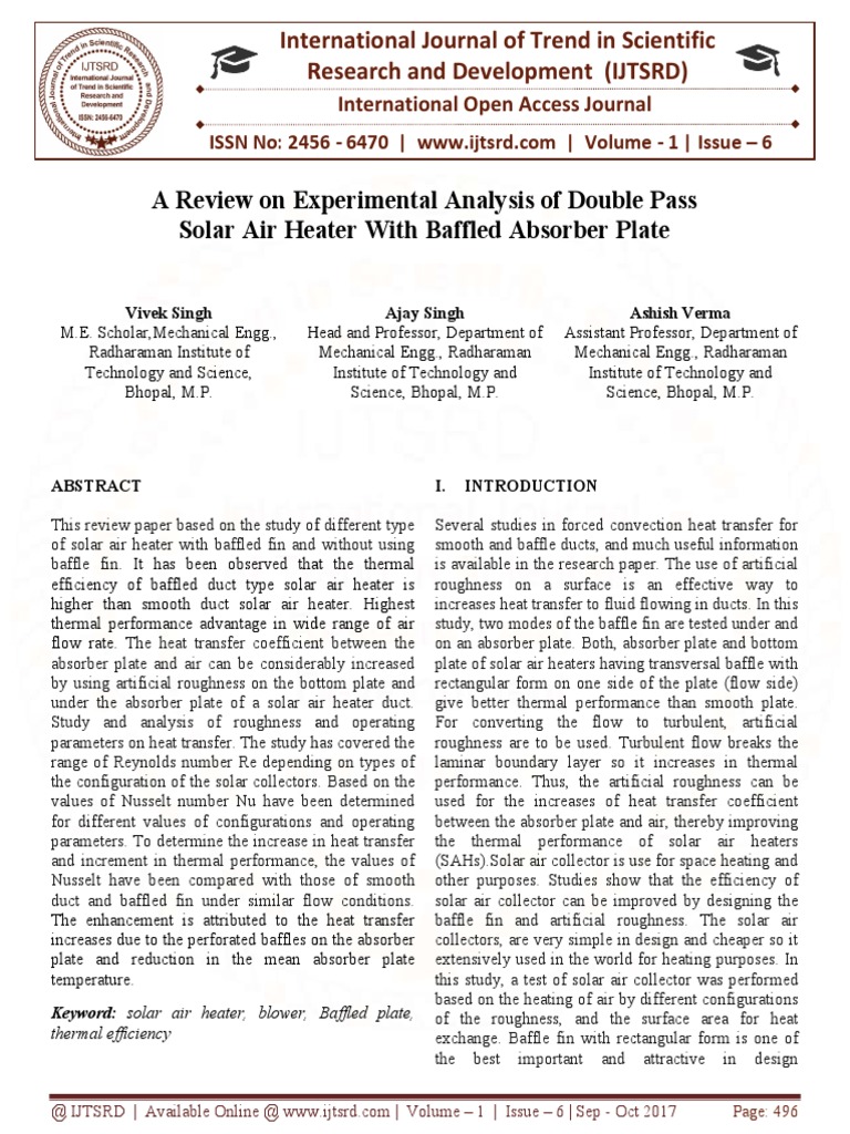 A Review On Experimental Analysis Of Double Pass Solar Air Heater With