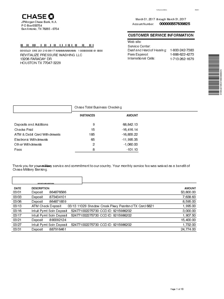 Chase Bank Statement Summary | PDF | Cheque | Debit Card