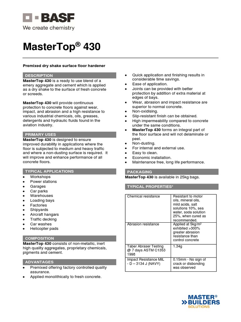 Basf Mastertop 430 Tds | PDF | Concrete | Materials