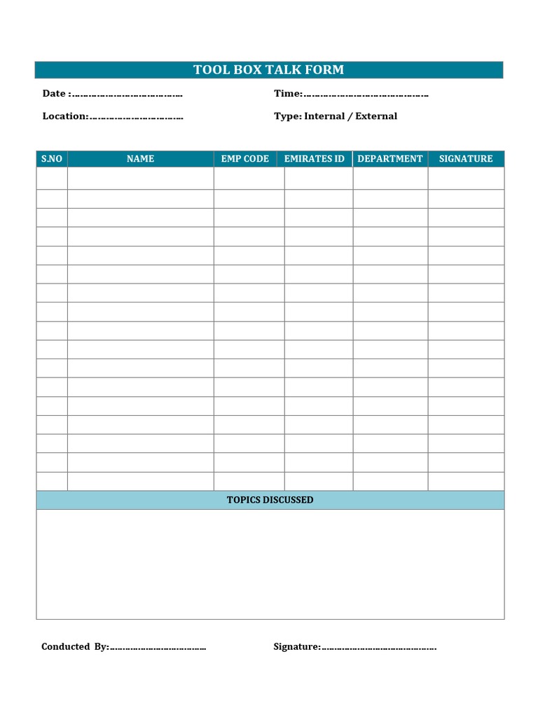 Tool Box Talk Form: Date: . Time: Location: . Type: Internal / External | PDF