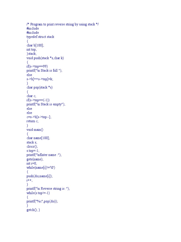 Program To Print Reverse String By Using Stack Pdf C Computer Libraries