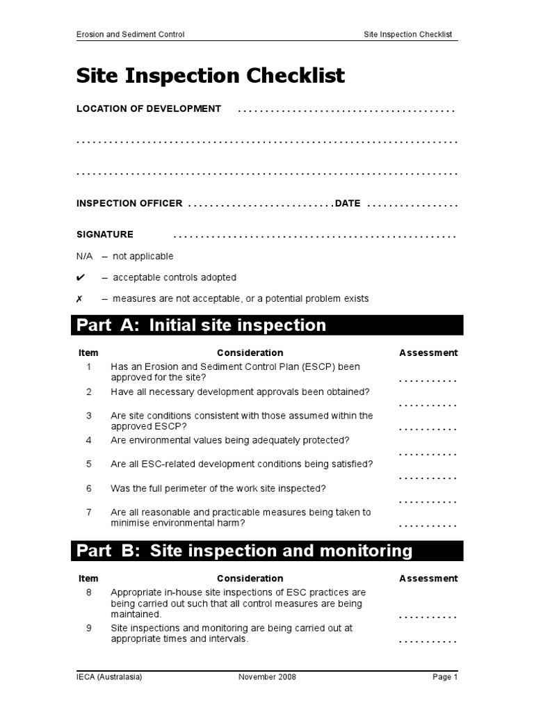 Site Inspection Checklist | PDF | Sediment | Erosion