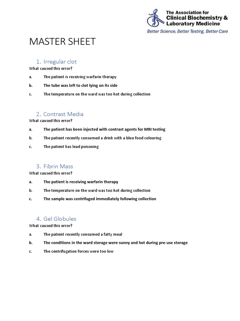 Master Sheet: 1. Irregular Clot | PDF | Blood Plasma | Centrifuge