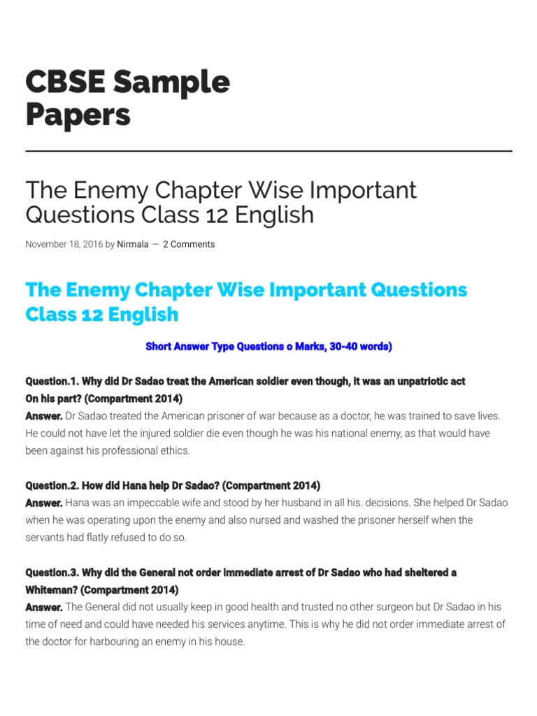 CBSE Sample Papers: The Enemy Chapter Wise Important Questions Class 12 ...