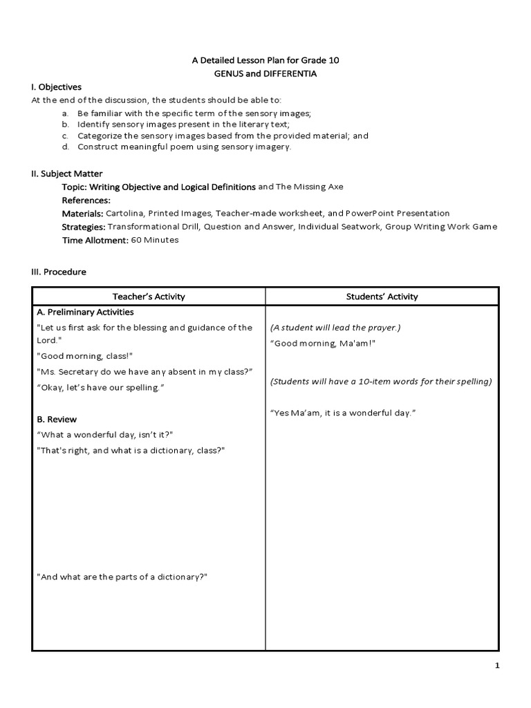Detailed Lp Sensory Imagery | Definition | Lesson Plan