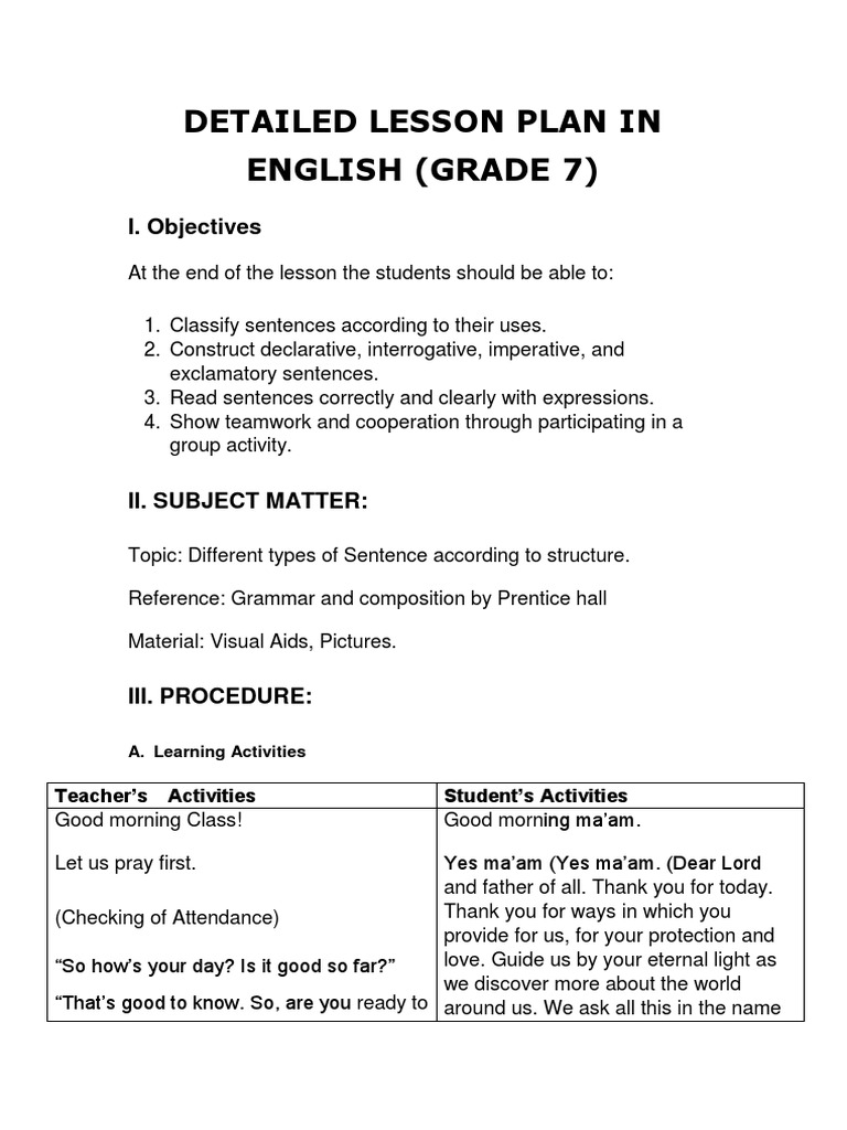 Detailed Lesson Plan in English Grade 7 | PDF | Question | Sentence ...