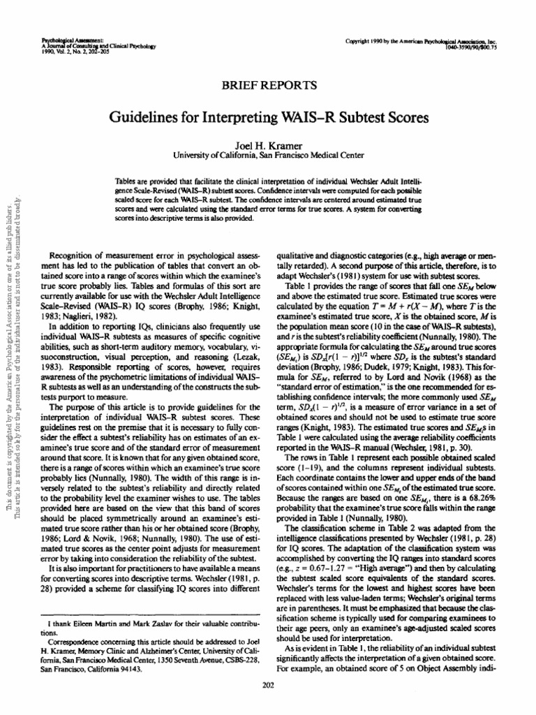 Guidelines For Interpreting W/IS-R Subtest Scores: Brief Reports ...