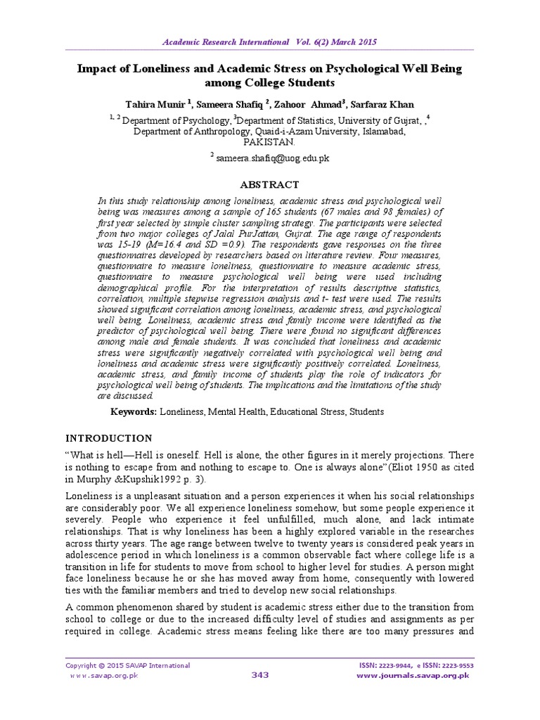 Impact of Loneliness and Academic Stress On Psychological Well Being ...