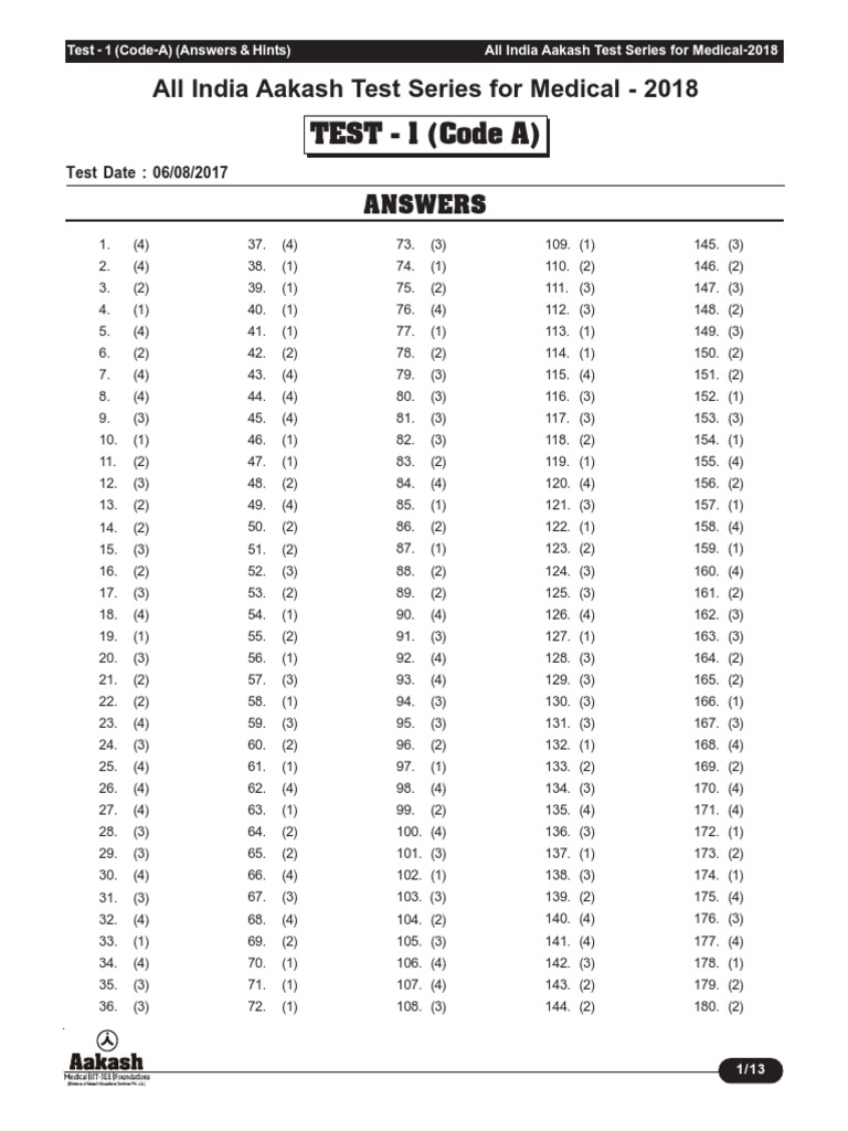 Solutions AIATS Medical-2018 (CFOY) Test-1 (Code-A & B) (06!08!2017 ...