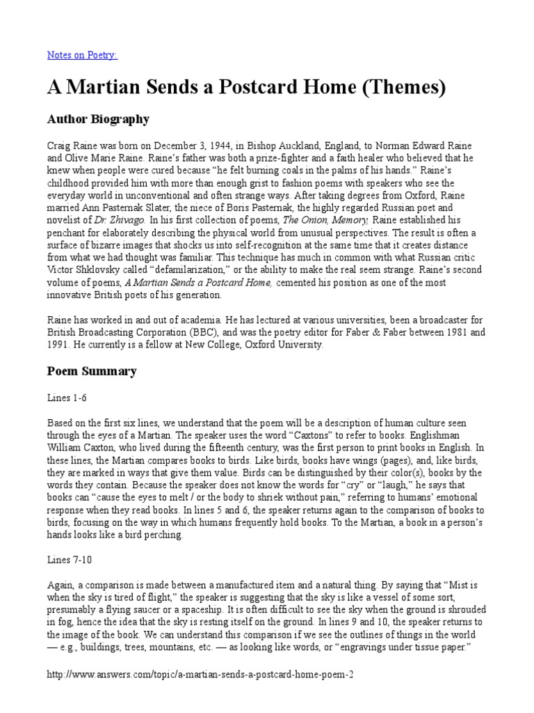 Martian Sends A Postcard Notes On Poem | PDF | Poetry | Experience